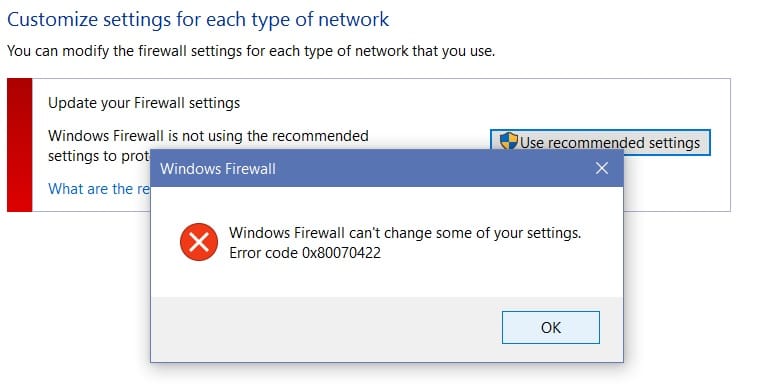 Oprava Nelze aktivovat bránu Windows Firewall Error Code 0x80070422