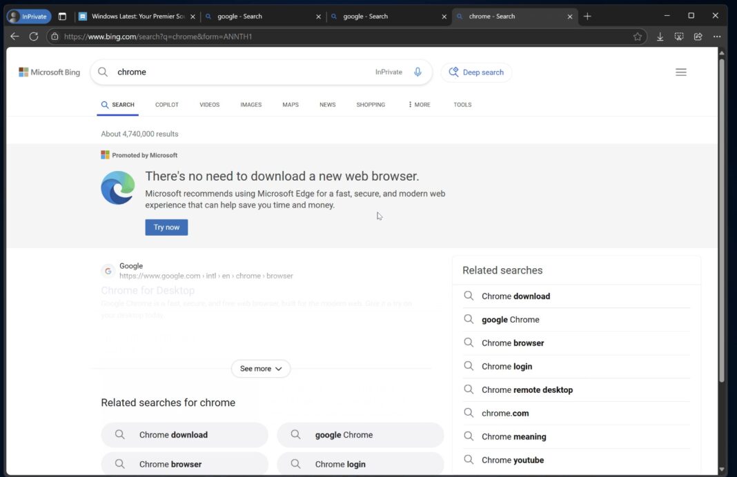 Microsoft Edge's Bing skjuler nu Google Chrome-downloadlink på Windows 11
