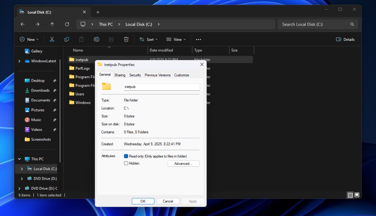 Le problème Windows 11 KB5055523 crée un dossier «Inetpub» de nulle part