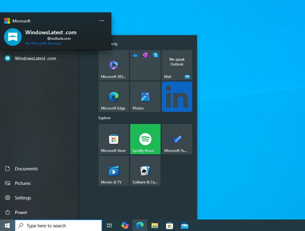 Menu Mulai Windows 10 menguji tata letak baru untuk manajer Microsoft 365