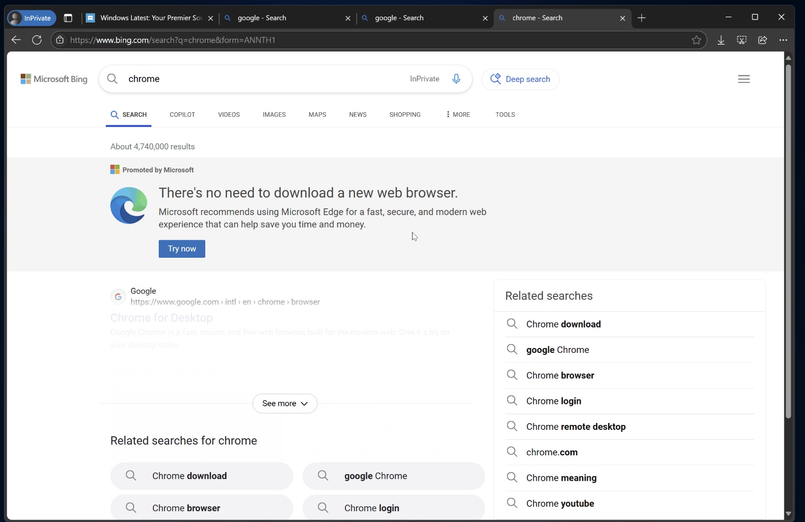 Bing Microsoft Edge sekarang menyembunyikan tautan unduhan Google Chrome di Windows 11
