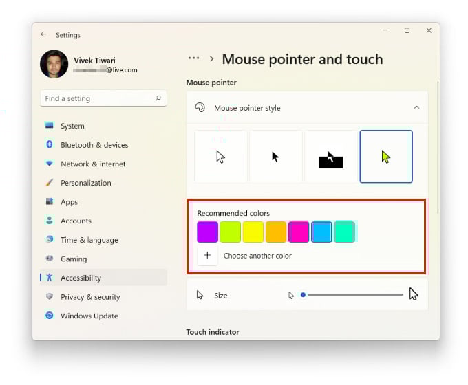 Come cambiare il colore del cursore e le dimensioni in Windows 11