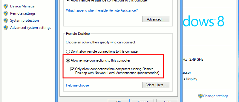 Windows 8 でのリモート デスクトップのセットアップ