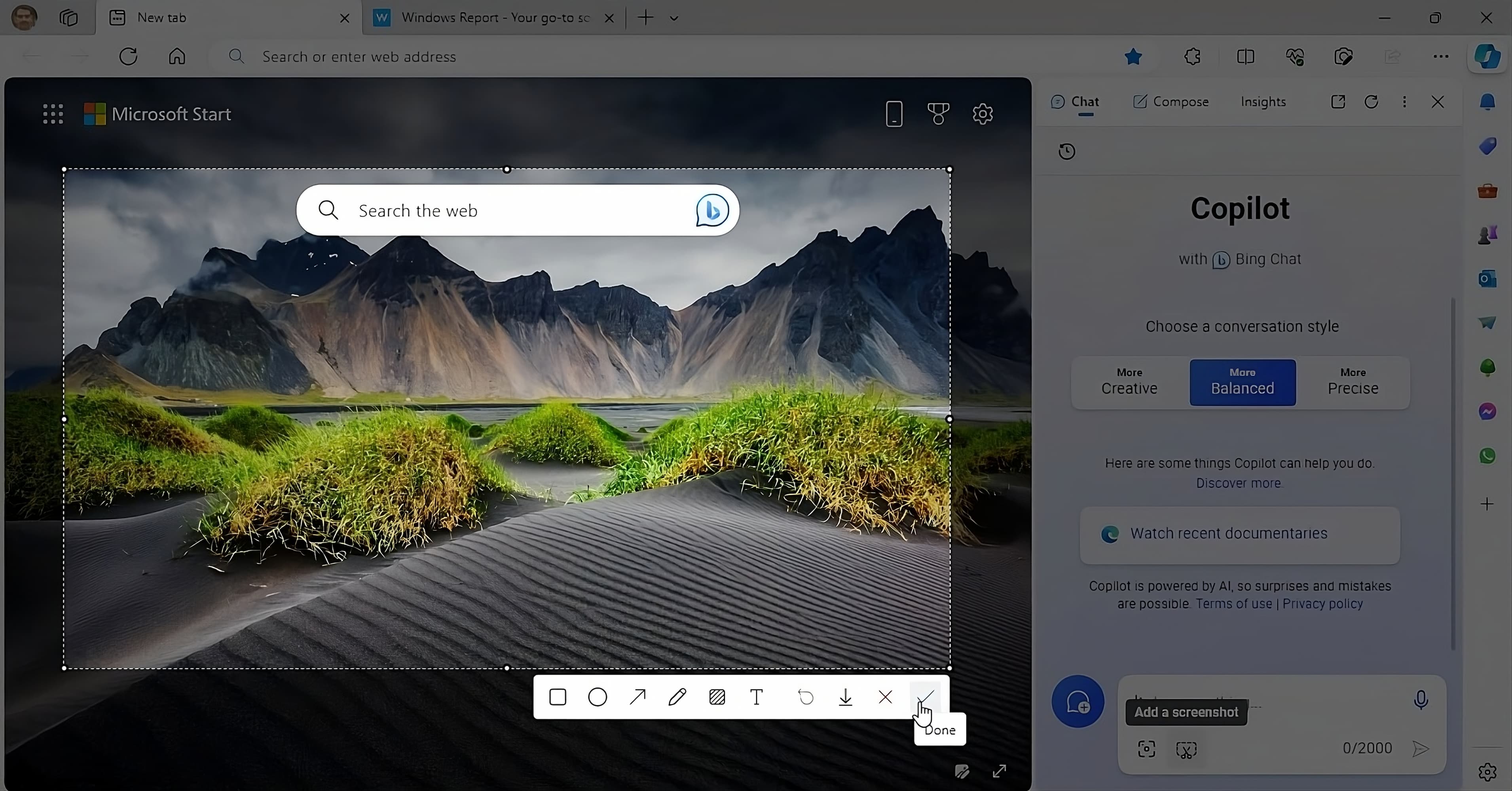 Microsoft Edgeを使用すると、Copilotにスクリーンショットを追加できます
