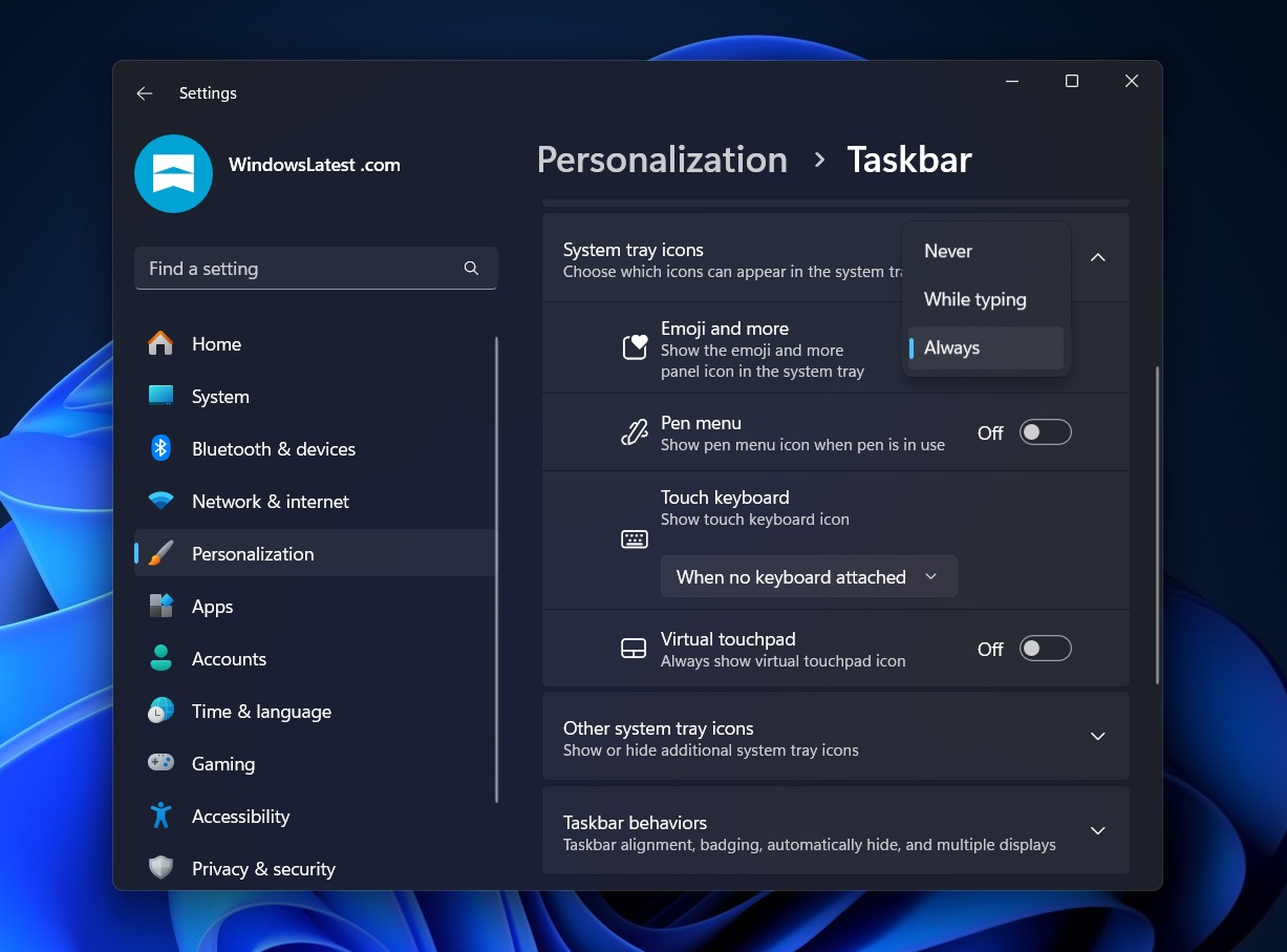 „Windows 11“ užduočių juostos sistemos dėklo nauja funkcija primena ...