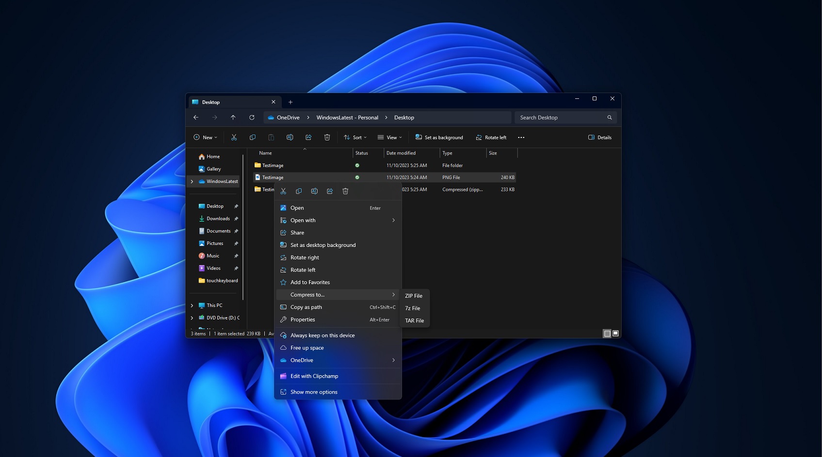 Primer vistazo: Windows 11 Build 25992 le permite crear archivos ZIP, 7z y TAR de forma nativa