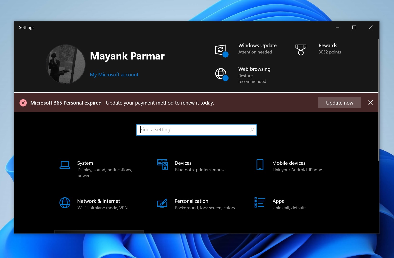 La configuración de Windows 10 puede mostrar alertas cuando caduca la suscripción a Microsoft 365