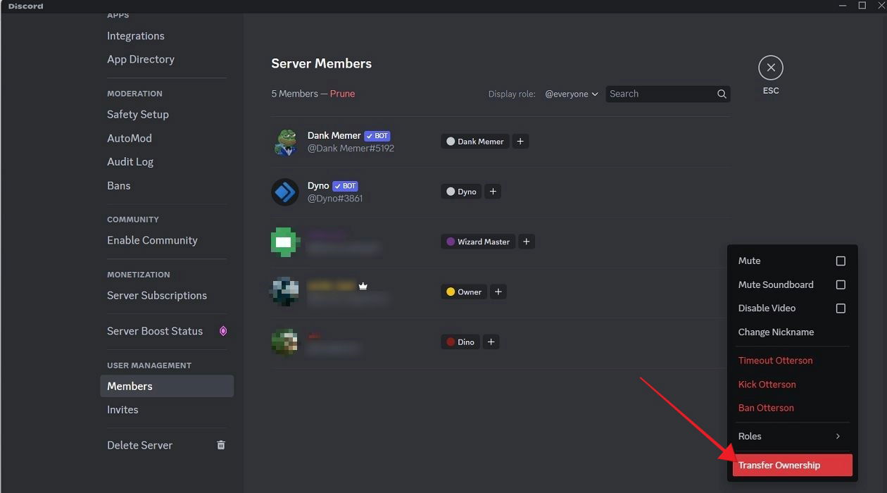 Cómo transferir la propiedad del servidor Discord